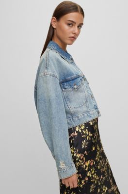 HUGO - Cropped jacket in blue rigid denim with rhinestone detail