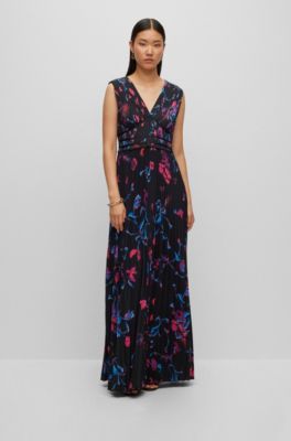 BOSS - Vestido maxi floral con escote en pico en crepé arrugado plisado