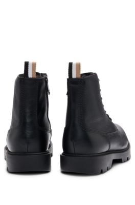 BOSS - Half boots in grained leather with signature-stripe tape - Black