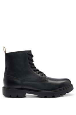 BOSS - Half boots in grained leather with signature-stripe tape
