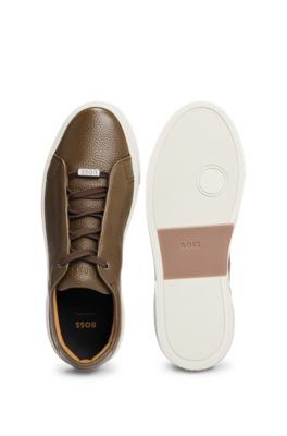 BOSS - Gary grained-leather trainers with logo lace loop - Light Green