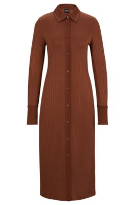 BOSS - Long-length shirt-style dress in ribbed jersey - Brown