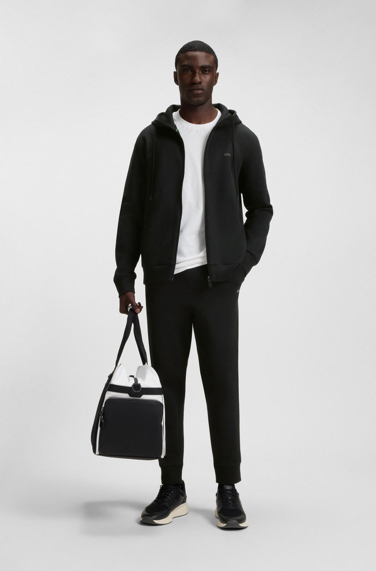 BOSS - Stretch-cotton zip-up hoodie with logo print - Black BOSS - Stretch-cotton zip-up hoodie with logo print - Black