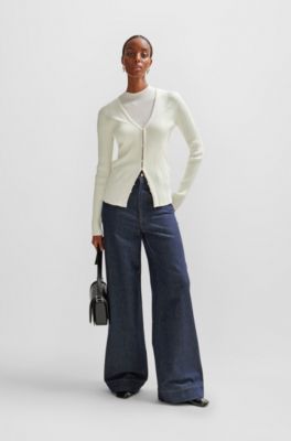 BOSS - Ribbed cardigan in stretch fabric with hook closures - White