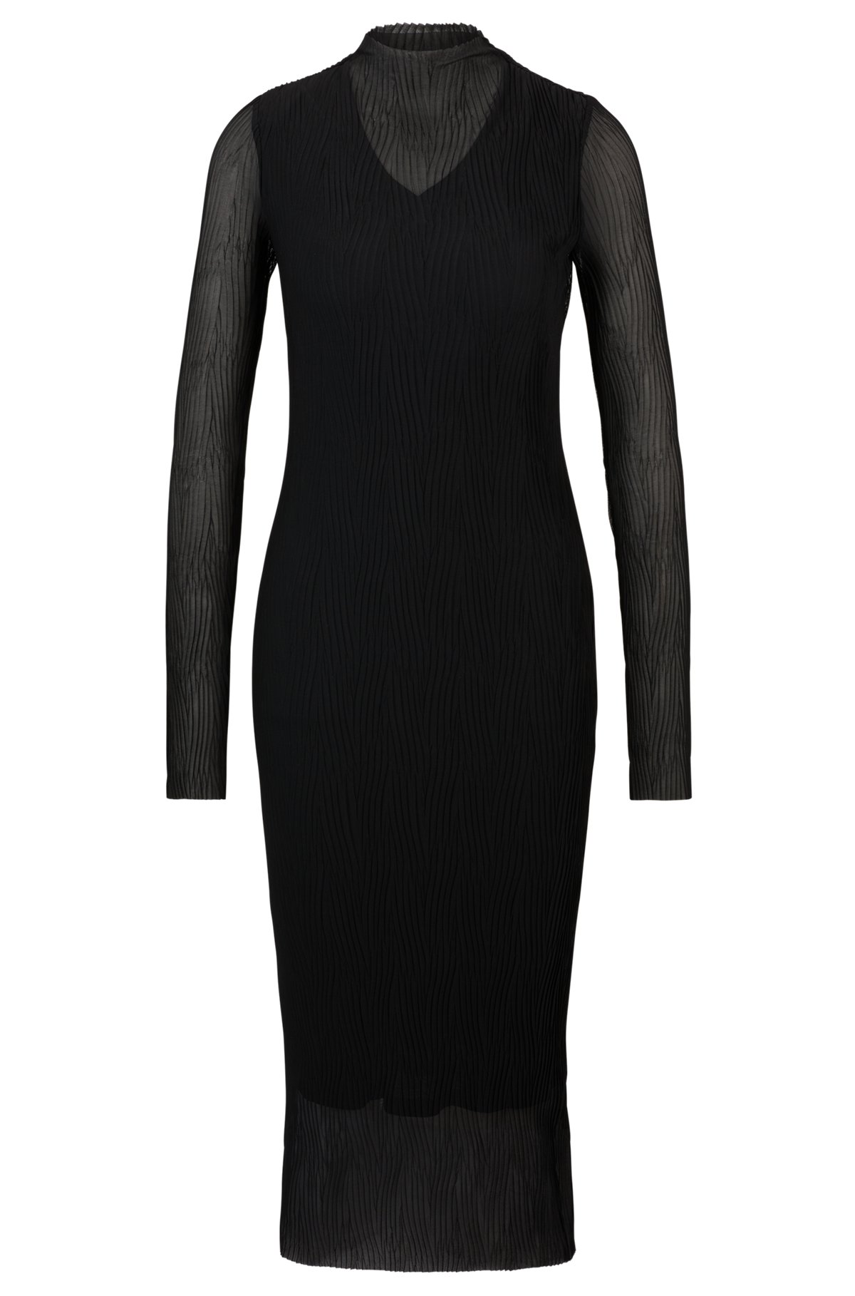 BOSS - Lined dress in plissé tulle with mock neckline - Black BOSS - Lined dress in plissé tulle with mock neckline - Black