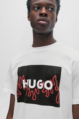HUGO - Cotton-jersey regular-fit T-shirt with flame logo - White