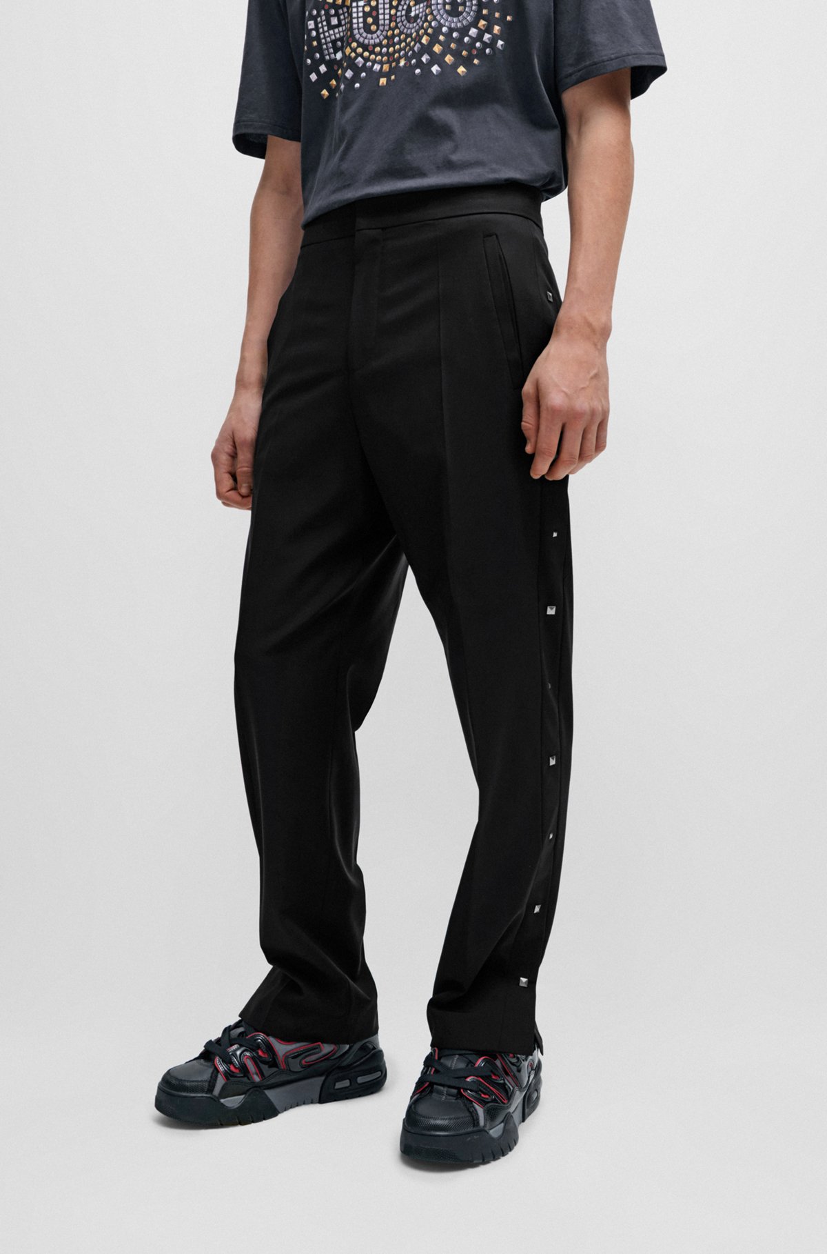 HUGO - Slim-fit trousers with studded side seams - Black HUGO - Slim-fit trousers with studded side seams - Black