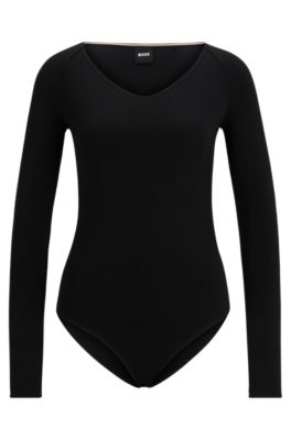 BOSS - Bodi slim fit de tejido de punto elástico con cuello amplio - Negro