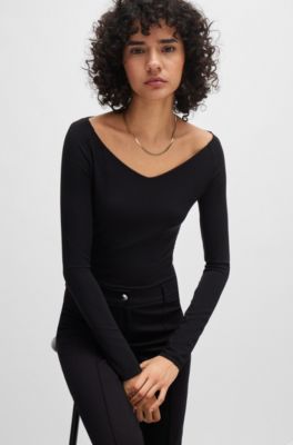 BOSS - Bodi slim fit de tejido de punto elástico con cuello amplio - Negro