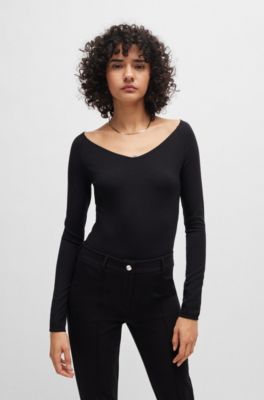 BOSS - Bodi slim fit de tejido de punto elástico con cuello amplio - Negro