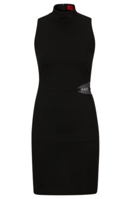 HUGO - Mock-neck sleeveless dress with mesh and logo - Black