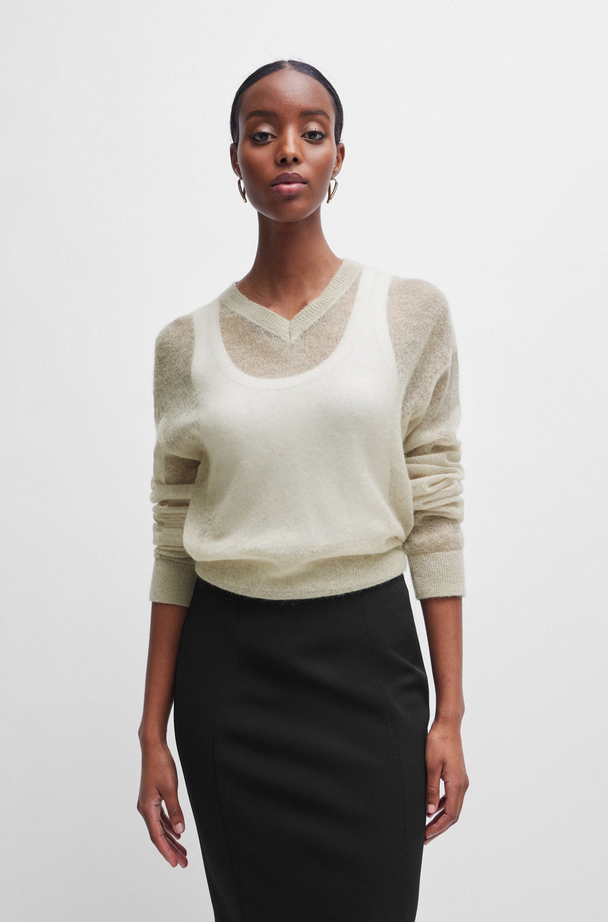 BOSS - V-neck sweater in a sheer knit - Light Beige BOSS - V-neck sweater in a sheer knit - Light Beige