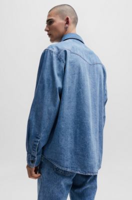 HUGO - Oversize-fit denim shirt with flap chest pockets