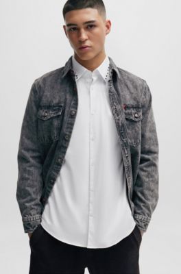 HUGO - Slim-fit shirt in stretch cotton with studded collar - White