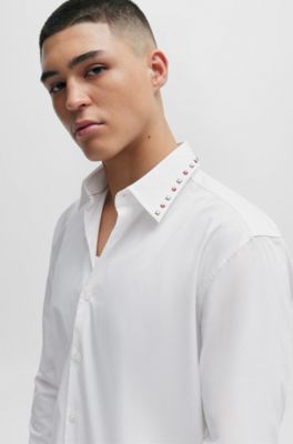 HUGO - Slim-fit shirt in stretch cotton with studded collar - White