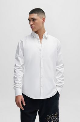 HUGO - Slim-fit shirt in stretch cotton with studded collar