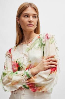 BOSS - Blusa estampada en crepé arrugado con ribete de volantes