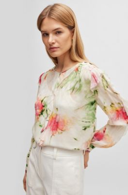 BOSS - Blusa estampada en crepé arrugado con ribete de volantes