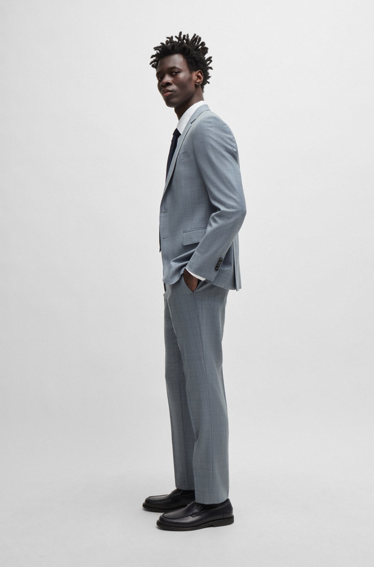 BOSS - Slim-fit suit in checked virgin-wool serge - Light Blue BOSS - Slim-fit suit in checked virgin-wool serge - Light Blue