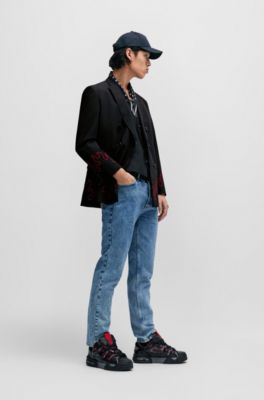 HUGO - Modern-fit double-breasted jacket with flame embroidery - Black