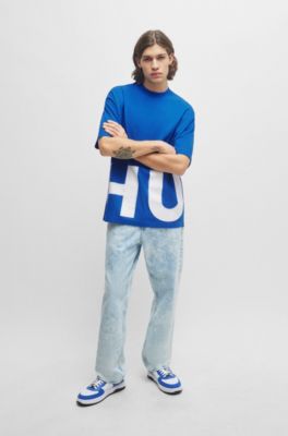 HUGO - Cotton-jersey T-shirt with wrap-around logo - Light Blue