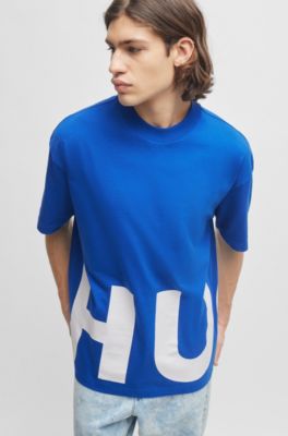 HUGO - Cotton-jersey T-shirt with wrap-around logo - Light Blue