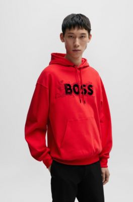 BOSS - Interlock-cotton regular-fit hoodie with special artwork - Red