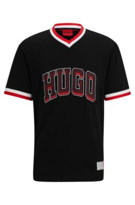 HUGO - Camiseta relaxed fit de punto de algodón con logo deportivo - Negro