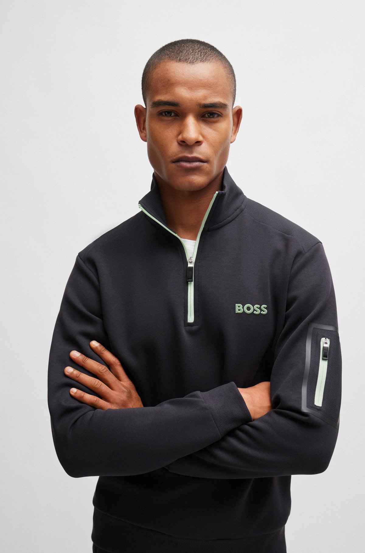 BOSS - Zip-neck sweatshirt with 3D-molded logo - Dark Grey BOSS - Zip-neck sweatshirt with 3D-molded logo - Dark Grey