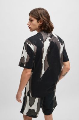 HUGO - Cotton-jersey T-shirt with seasonal print and stacked logo ...