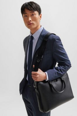 BOSS - Zipped document case in leather with detachable inner pouch - Black