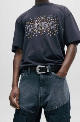 HUGO - Italian-leather belt with ornate buckle, keeper and tip