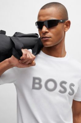 BOSS - Camiseta regular fit de punto de algodón con logo de malla - Blanco