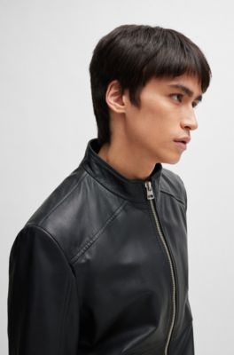 HUGO - Extra-slim-fit leather jacket with red lining - Black