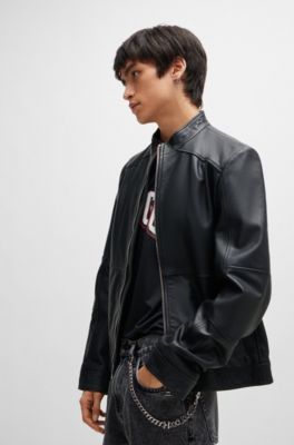 HUGO - Extra-slim-fit leather jacket with red lining - Black
