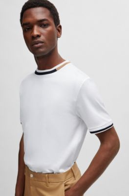 BOSS - Mercerised-cotton T-shirt with signature-stripe details - White