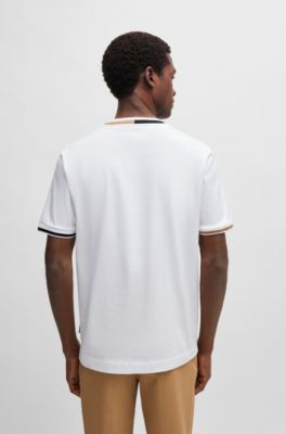 BOSS - Mercerised-cotton T-shirt with signature-stripe details - White