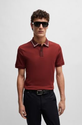 BOSS - Mercerized-cotton slim-fit polo shirt with contrast stripes ...