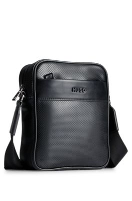 HUGO - Logo-lettering mini reporter bag in perforated faux leather