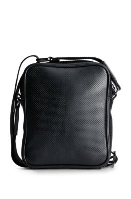 HUGO - Logo-lettering mini reporter bag in perforated faux leather