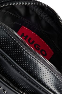 HUGO - Logo-lettering mini reporter bag in perforated faux leather