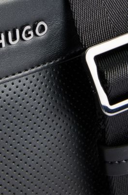 HUGO - Logo-lettering mini reporter bag in perforated faux leather