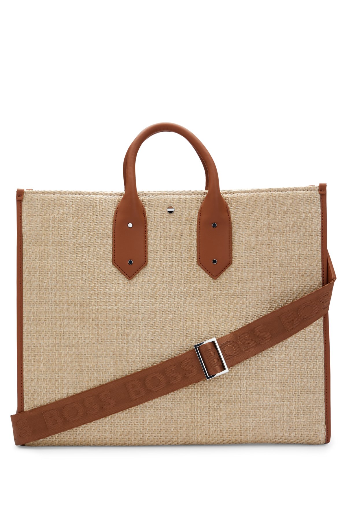 BOSS - Woven tote bag with faux-leather trims - Gold BOSS - Woven tote bag with faux-leather trims - Gold