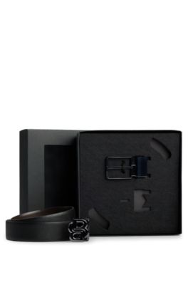 BOSS - Italian-leather reversible belt with two buckles - Black