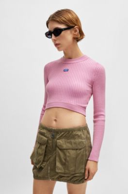 HUGO - Cropped sweater with blue logo label - Pink