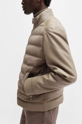 BOSS - Mixed-material regular-fit jacket with leather sleeves - Light Green