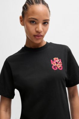 HUGO - Relaxed-fit T-shirt in cotton with floral logo artwork - Black
