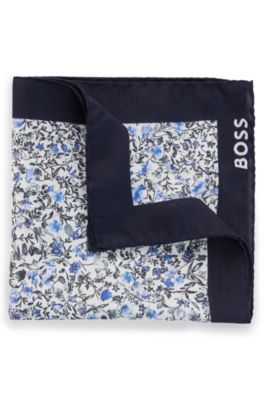 BOSS - Printed pocket square with branded border and logo - Light Blue