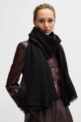 BOSS - Wool-blend scarf with monogram jacquard and fringing