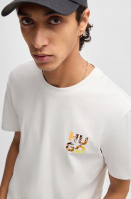 HUGO - Cotton-jersey T-shirt with stacked-logo print - White